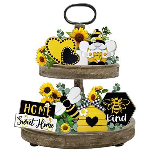 Guoofu Bee Tiered Tray Decor, 6 Pieces Spring Summer Farmhouse Tiered Tray Decorations, Decorative Bumble Bee Gnome Hive Honey Wooden Signs, Rustic Home Decor for Table Mantel Office Holiday Party