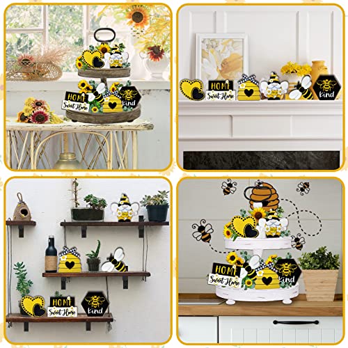 Guoofu Bee Tiered Tray Decor, 6 Pieces Spring Summer Farmhouse Tiered Tray Decorations, Decorative Bumble Bee Gnome Hive Honey Wooden Signs, Rustic Home Decor for Table Mantel Office Holiday Party