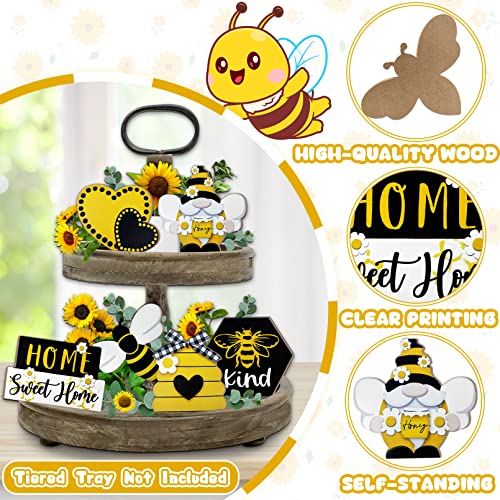 Guoofu Bee Tiered Tray Decor, 6 Pieces Spring Summer Farmhouse Tiered Tray Decorations, Decorative Bumble Bee Gnome Hive Honey Wooden Signs, Rustic Home Decor for Table Mantel Office Holiday Party