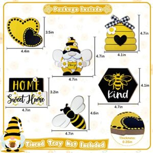 Guoofu Bee Tiered Tray Decor, 6 Pieces Spring Summer Farmhouse Tiered Tray Decorations, Decorative Bumble Bee Gnome Hive Honey Wooden Signs, Rustic Home Decor for Table Mantel Office Holiday Party