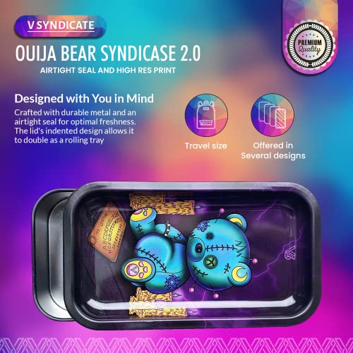 V Syndicate 5" x 2.8" x 1.5" Mini Metal Storage Box with Rolling Tray Lid - Airtight Rolling Tray Lid - Flex Your Style with 360 Print of Original Interactive Artwork on All Sides (Syndicase 2.0, Ouija Bear)