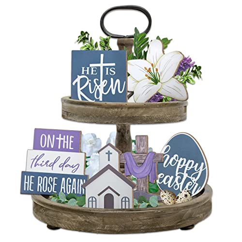 Guoofu Easter Tiered Tray Decor, 6 Pieces Farmhouse Tray Decorations, Happy Easter He is Risen Cross Eggs Lily Religious Wooden Signs, Rustic Easter Faith Decor for Home Table Mantel Church Party