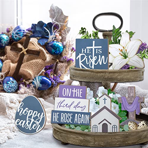 Guoofu Easter Tiered Tray Decor, 6 Pieces Farmhouse Tray Decorations, Happy Easter He is Risen Cross Eggs Lily Religious Wooden Signs, Rustic Easter Faith Decor for Home Table Mantel Church Party