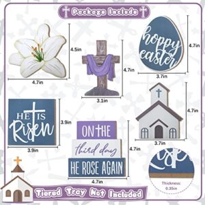 Guoofu Easter Tiered Tray Decor, 6 Pieces Farmhouse Tray Decorations, Happy Easter He is Risen Cross Eggs Lily Religious Wooden Signs, Rustic Easter Faith Decor for Home Table Mantel Church Party