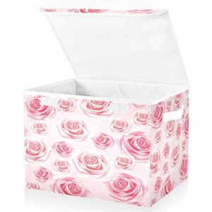 Kigai Rose Pink Storage Basket with Lid Collapsible Storage Bin Fabric Box Closet Organizer for Home Bedroom Office 1 Pack