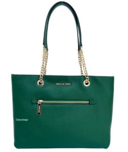 michael kors jet set medium front pocket chain top zip tote jewel green