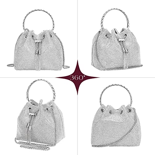 SWEETV Women's Rhinestone Bucket Bag, Evening Handbag Purse for Formal Wedding Cocktail Prom Party Club, Silver, Large