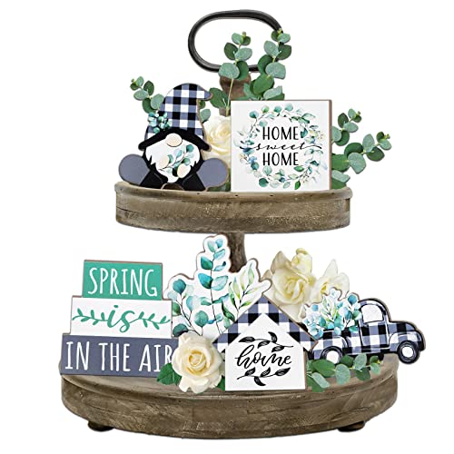 Guoofu Spring Tiered Tray Decor, 6 Pieces Farmhouse Eucalyptus Leaves Tray Decorations, Spring Gnome Wreath Buffalo Plaid Truck Wooden Signs, Rustic Spring Decor for Home Table Mantel Office Party