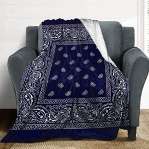 southwestern navy blue bandana paisley border print flannel fleece blanketthrow lightweight cozy fuzzy warm throw blankets fluffy blanket for couch sofa chair gifts 50″x40″