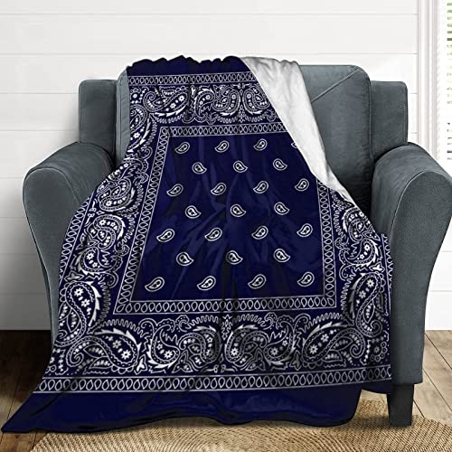 Southwestern Navy Blue Bandana Paisley Border Print Flannel Fleece BlanketThrow Lightweight Cozy Fuzzy Warm Throw Blankets Fluffy Blanket for Couch Sofa Chair Gifts 50"x40"