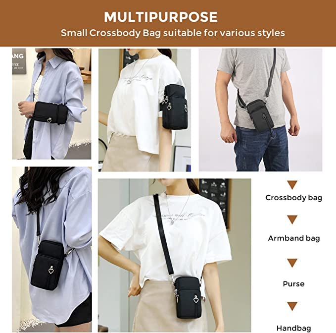 Small Crossbody Bags for Women, Black Waterproof Cell Phone Crossbody Wallet Purse Handbags Mens Gym Bags, Detachable Strap Multi Pocket Casual Outdoor Sling Designer Crossbody Bags for Women Unisex