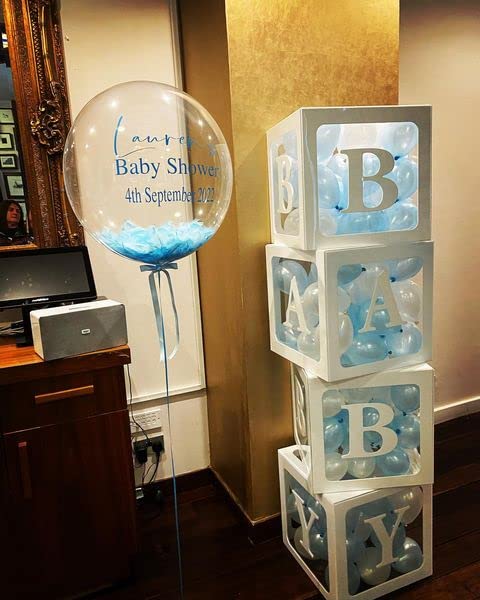 4 PCS Baby Boxes with Letters for Baby Shower Clear Baby Shower Block Boxes Transparent Balloon Boxes for Baby Shower Baby Birthday Gender Reveal Decorations(White)