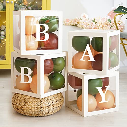 4 PCS Baby Boxes with Letters for Baby Shower Clear Baby Shower Block Boxes Transparent Balloon Boxes for Baby Shower Baby Birthday Gender Reveal Decorations(White)