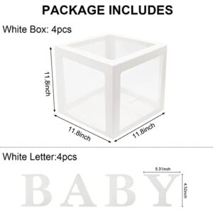 4 PCS Baby Boxes with Letters for Baby Shower Clear Baby Shower Block Boxes Transparent Balloon Boxes for Baby Shower Baby Birthday Gender Reveal Decorations(White)