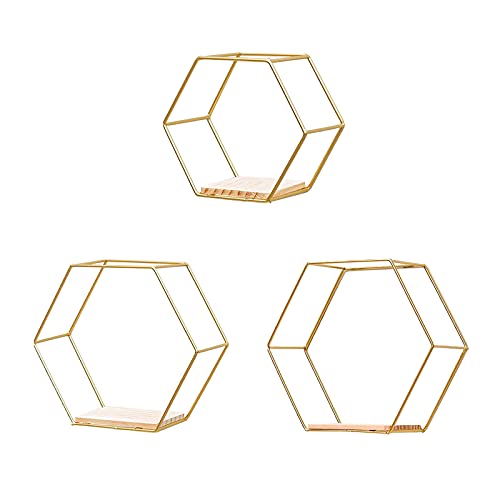 FQQWEE Hexagonal Floating Shelves Wall Decor Set of 3 Metal Wire Wall Mounted Honey Comb Shelves Decorative Geometric Floating Wall Storage Shelves for Bedroom Living Room Home Office