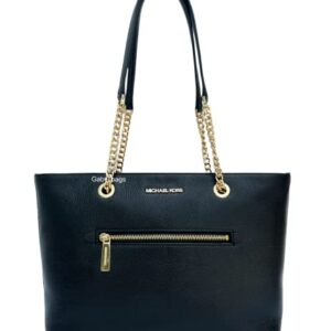 Michael Kors Jet Set Medium Front Pocket Chain Top Zip Tote Black Pebbled Leather