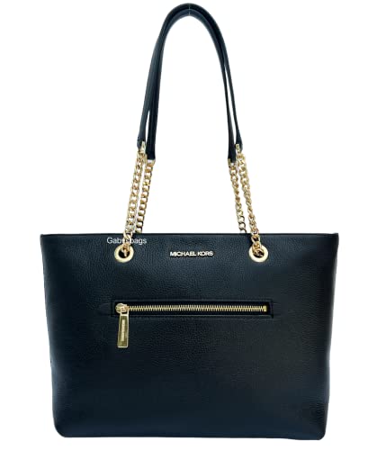 Michael Kors Jet Set Medium Front Pocket Chain Top Zip Tote Black Pebbled Leather