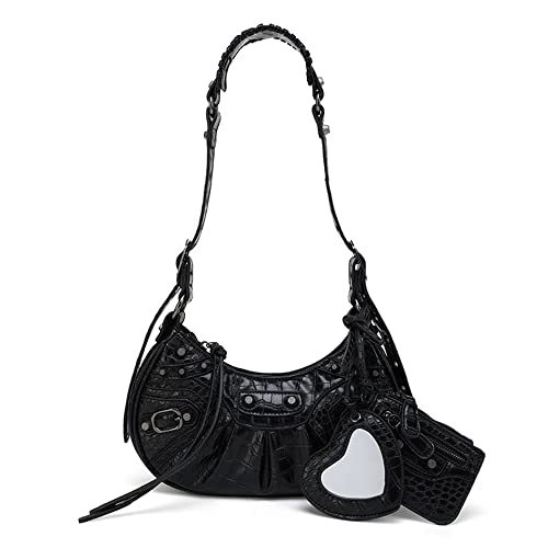 Women Punk Style Rivet Satchels Handbags Riveted Shoulder Messenger Bag Half-Moon Bag With Mirror And Card Hobo Bags