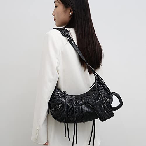 Women Punk Style Rivet Satchels Handbags Riveted Shoulder Messenger Bag Half-Moon Bag With Mirror And Card Hobo Bags