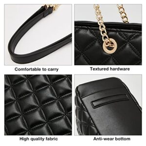 FOXLOVER Tote Handbags for Women, PU Leather Ladies Quilted Tote Bag Purses and Handbags with Chain Strap Women's Large Handbag (Black)