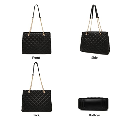 FOXLOVER Tote Handbags for Women, PU Leather Ladies Quilted Tote Bag Purses and Handbags with Chain Strap Women's Large Handbag (Black)