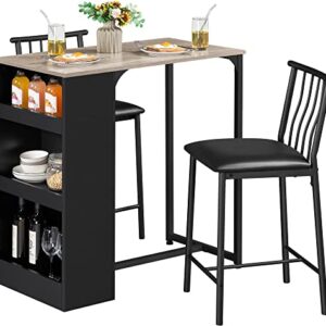 Yaheetech 3-Piece Dining Table Set, Counter Height Dining Table Set for 2, Compact Kitchen Table Set with 3-Layer Side Storage Shelf for Kitchen Restaurant, Black/Gray