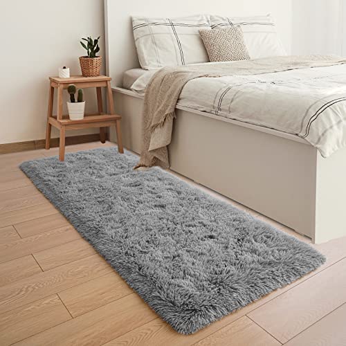 YJ.GWL Soft Runner Rugs for Bedroom Living Room Plush Fluffy Rug 2x6 Feet, Grey Shag Rug Carpet Non Shedding for Nursery Dorm, Fuzzy Bedside Rug Runner for Kids Boys Girls Room Home Decor