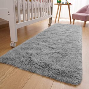 YJ.GWL Soft Runner Rugs for Bedroom Living Room Plush Fluffy Rug 2x6 Feet, Grey Shag Rug Carpet Non Shedding for Nursery Dorm, Fuzzy Bedside Rug Runner for Kids Boys Girls Room Home Decor