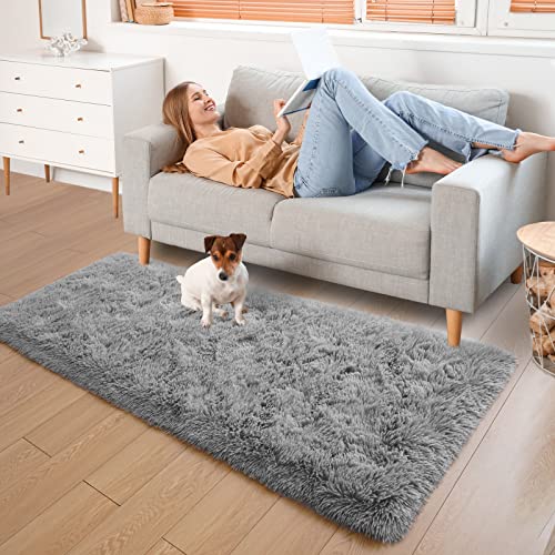 YJ.GWL Soft Runner Rugs for Bedroom Living Room Plush Fluffy Rug 2x6 Feet, Grey Shag Rug Carpet Non Shedding for Nursery Dorm, Fuzzy Bedside Rug Runner for Kids Boys Girls Room Home Decor