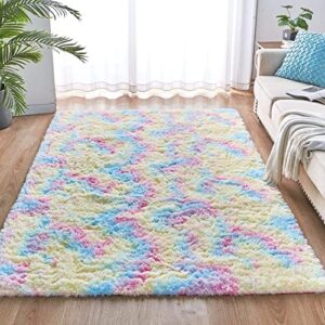 fgcogod ultra soft shaggy rug for bedroom, 4 x 6 feet rainbow tie dye area rug, modern fluffy colorful cute carpet for kids girls room, living room, bedside, home office, nursery decor