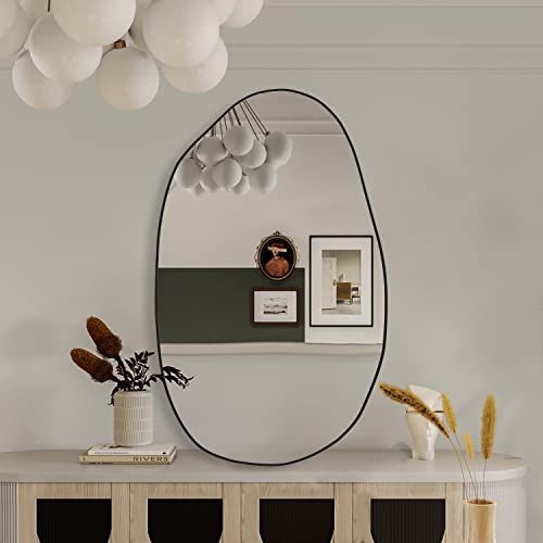 CISTEROMAN Irregular Wall Mirror, Asymmetrical Wall Mounted Mirror, Entrance Mirror, Black Wood Frame Mirror for Living Room, Bathroom, Bedroom, Fireplace, Vanity Mirror 33.5 x 20.5 Inches