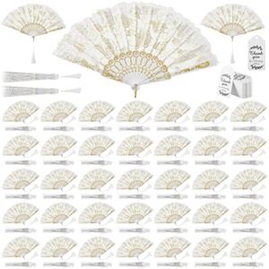 100 pieces lace floral folding hand fans rose retro folding fan white hand fans for wedding guests women foldable handheld bridal dancing props with organza bags tassels tags for party favors