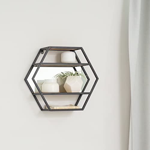 Metal Hexagon Shelf with Mirror – 4-Tier Industrial Iron Farmhouse Hexagonal Floating Shelving for Bedroom, Bathroom, Living Room & Office – 20 x 5.8 x 17.4 Inches, Black Frame with Brown Shelves