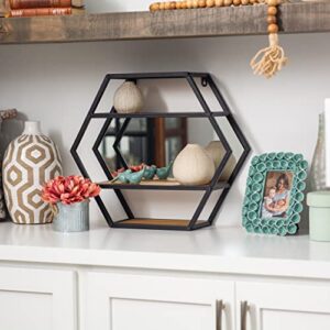 Metal Hexagon Shelf with Mirror – 4-Tier Industrial Iron Farmhouse Hexagonal Floating Shelving for Bedroom, Bathroom, Living Room & Office – 20 x 5.8 x 17.4 Inches, Black Frame with Brown Shelves