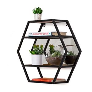 Metal Hexagon Shelf with Mirror – 4-Tier Industrial Iron Farmhouse Hexagonal Floating Shelving for Bedroom, Bathroom, Living Room & Office – 20 x 5.8 x 17.4 Inches, Black Frame with Brown Shelves