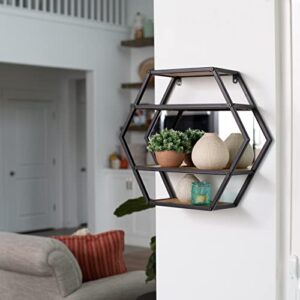 Metal Hexagon Shelf with Mirror – 4-Tier Industrial Iron Farmhouse Hexagonal Floating Shelving for Bedroom, Bathroom, Living Room & Office – 20 x 5.8 x 17.4 Inches, Black Frame with Brown Shelves