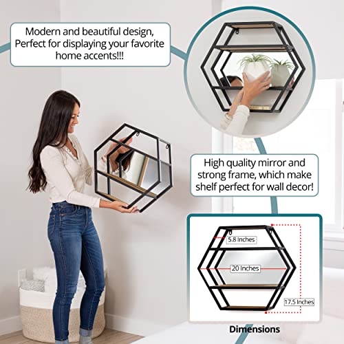 Metal Hexagon Shelf with Mirror – 4-Tier Industrial Iron Farmhouse Hexagonal Floating Shelving for Bedroom, Bathroom, Living Room & Office – 20 x 5.8 x 17.4 Inches, Black Frame with Brown Shelves