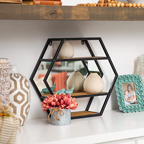 Metal Hexagon Shelf with Mirror – 4-Tier Industrial Iron Farmhouse Hexagonal Floating Shelving for Bedroom, Bathroom, Living Room & Office – 20 x 5.8 x 17.4 Inches, Black Frame with Brown Shelves