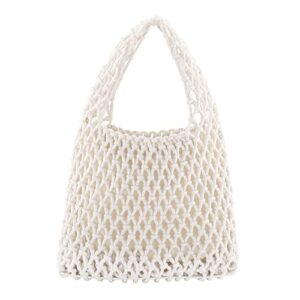 ayliss women mini clutch handbag tote cotton crochet bucket top-handle drawstring beach woven fishing net pouch purse (ivory)