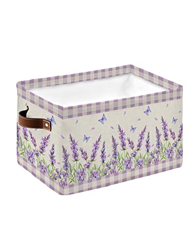 Storage Bins, Lavender with Purple Check Rustic Storage Baskets for Organizing Closet Shelves Clothes Decorative Fabric Baskets Large Storage Cubes with Handles