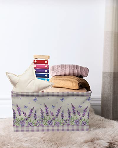 Storage Bins, Lavender with Purple Check Rustic Storage Baskets for Organizing Closet Shelves Clothes Decorative Fabric Baskets Large Storage Cubes with Handles