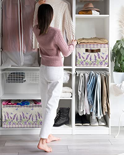 Storage Bins, Lavender with Purple Check Rustic Storage Baskets for Organizing Closet Shelves Clothes Decorative Fabric Baskets Large Storage Cubes with Handles