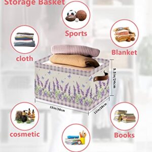 Storage Bins, Lavender with Purple Check Rustic Storage Baskets for Organizing Closet Shelves Clothes Decorative Fabric Baskets Large Storage Cubes with Handles