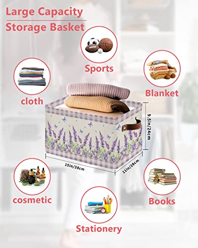 Storage Bins, Lavender with Purple Check Rustic Storage Baskets for Organizing Closet Shelves Clothes Decorative Fabric Baskets Large Storage Cubes with Handles