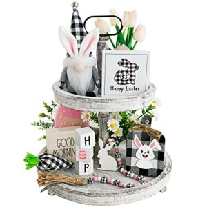 easter decorations, 8pcs spring easter bunny gnome tiered tray decor, buffalo plaid easter gnome plush, black check carrot , 3d easter wood signs, bead garland, easter farmhouse kitchen table decor