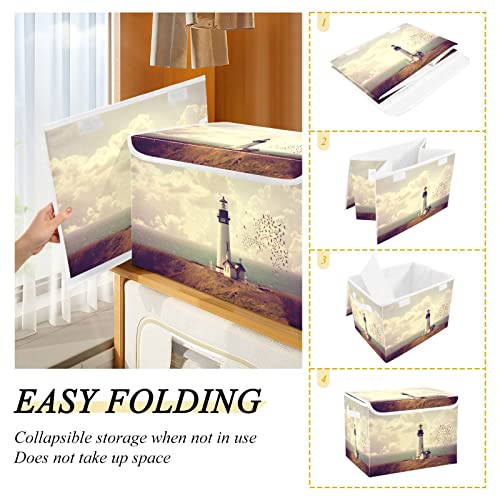 Kigai Old White Lighthouse Storage Basket with Lid Collapsible Storage Bin Fabric Box Closet Organizer for Home Bedroom Office 1 Pack