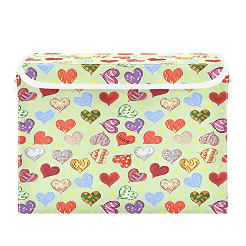 Kigai Valentine Heart Design Storage Basket with Lid Collapsible Storage Bin Fabric Box Closet Organizer for Home Bedroom Office 1 Pack