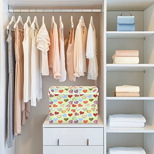 Kigai Valentine Heart Design Storage Basket with Lid Collapsible Storage Bin Fabric Box Closet Organizer for Home Bedroom Office 1 Pack