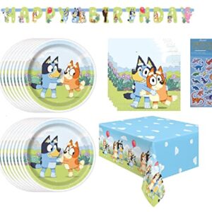 Unique Bluey Birthday Party Supplies Bundle includes Dessert Cake Plates, Napkins, Table Cover, Happy Birthday Banner (Bundle for 16)