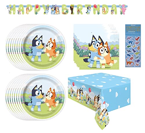 Unique Bluey Birthday Party Supplies Bundle includes Dessert Cake Plates, Napkins, Table Cover, Happy Birthday Banner (Bundle for 16)